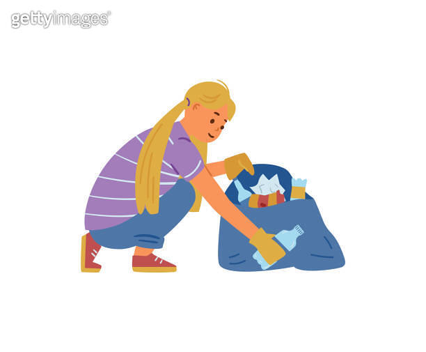 Girl Collecting Trash Into Trash Bag (1326269371) 일러스트, 무료 일러스트 - 게티이미지뱅크