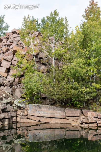 Trees Growing by Pile Granite at Quarry 이미지 (1343853765) - 게티이미지뱅크