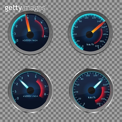 Set of isolated dashboard speedometers. Motorbike or motorcycle, auto ...