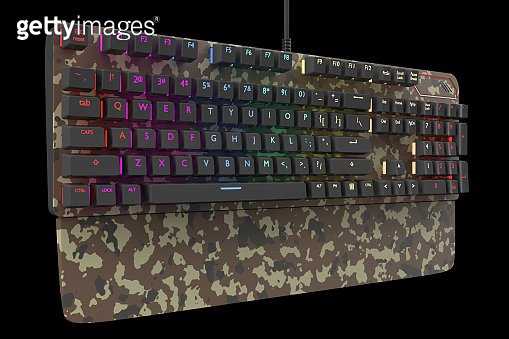Camouflage colored computer keyboard with rgb color isolated on black ...