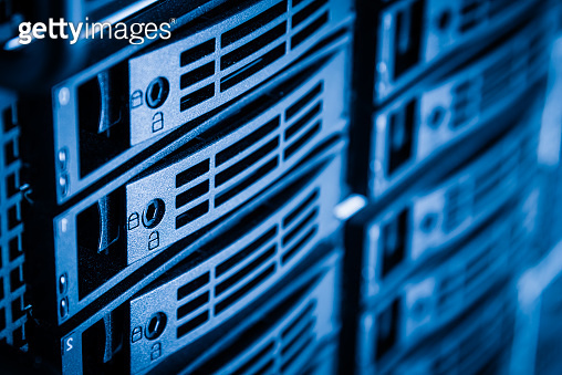 cluster of data storage SSD hard drives inside server rack 이미지 ...