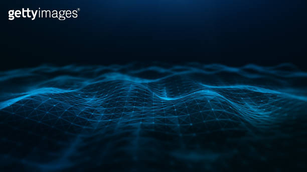 Abstract waves flowing, with triangle mesh of dots and lines. Big data connection, Technology ...