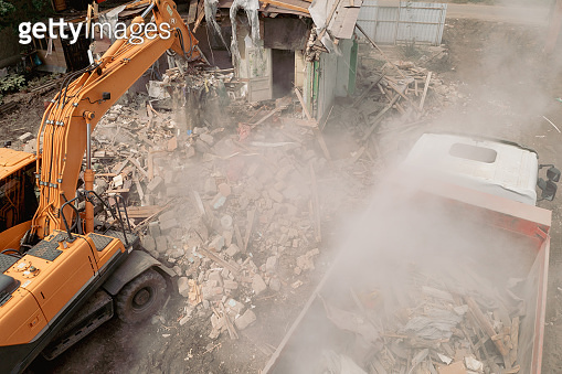 Demolition Of House Building For New Construction. Excavator Bucket ...