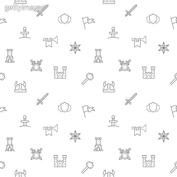 Seamless pattern with fantasy and battle icon on white background. 이미지 ...
