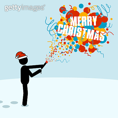 Stick man with red hat explodes slapstick with confetti on the winter ...