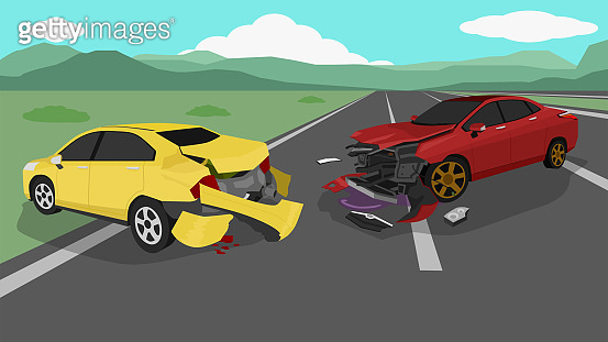 Red car accident hit the back of a yellow car. 이미지 (1342628755) - 게티이미지뱅크