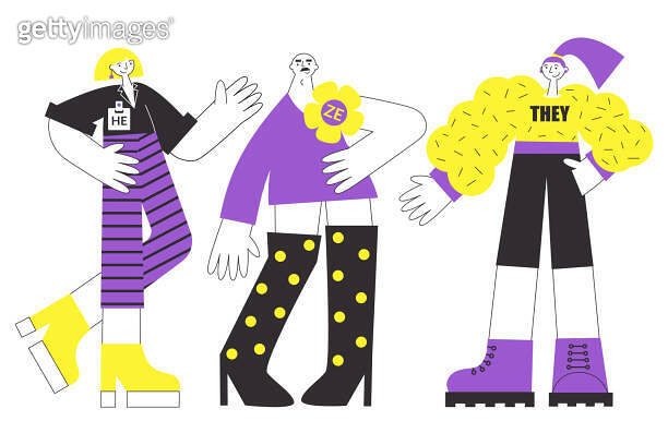 Three non-binary people talking in colours of NB flag (yellow, purple ...
