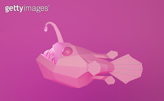 low poly pink angry deep-sea angler fish with sharp teeth, 3d ...