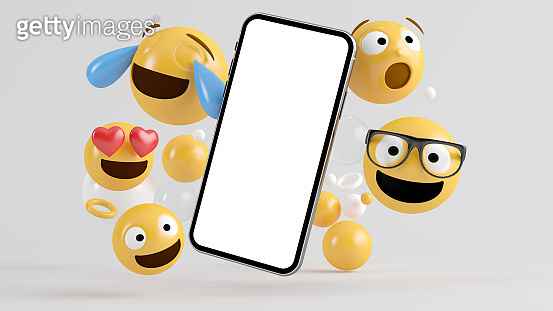 Smartphone screen surrounded by emoji icons 이미지 (1305995688) - 게티이미지뱅크