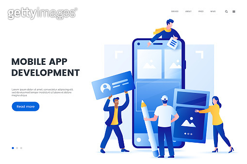 Mobile application development vector illustration. Group of people create a mobile app for ...