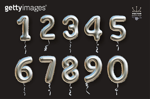 Metallic silver number balloons 0 to 9. Set of foil and latex balloons ...