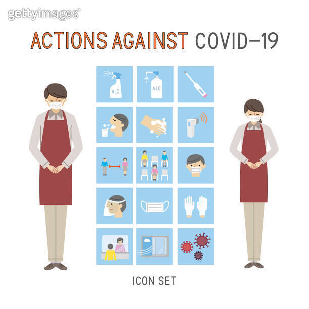 Business: Men and women wearing corona countermeasure icon set aprons ...