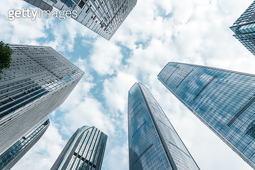 low angle view of modern skyscrapers and financial buildings, financial ...