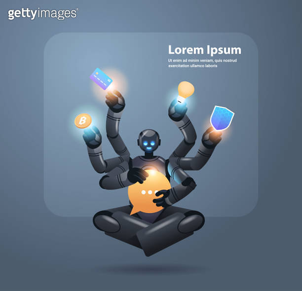 modern robot with many hands multitasking robotic character artificial ...