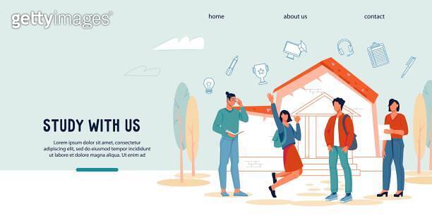 Group of modern university or college students, flat vector ...