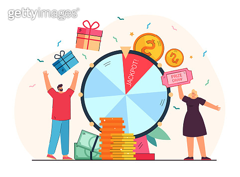 Lucky people winning prize draw standing near fortune wheel (1309970158 ...