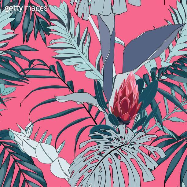 Fashionable seamless tropical pattern with tropical line leaves on a ...