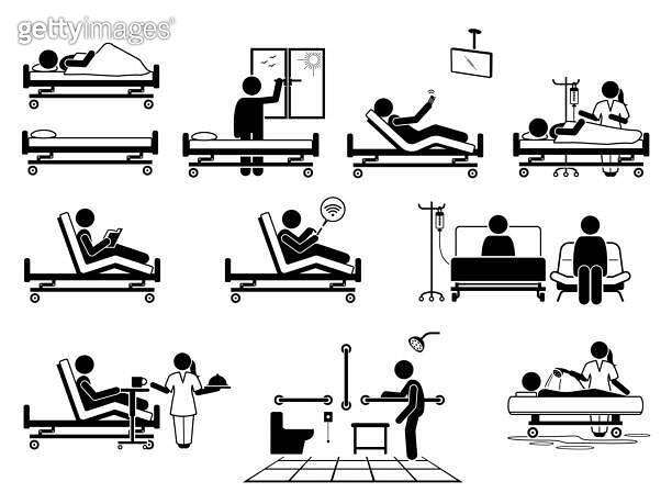 Patient at hospital room with many facilities stick figure pictogram ...