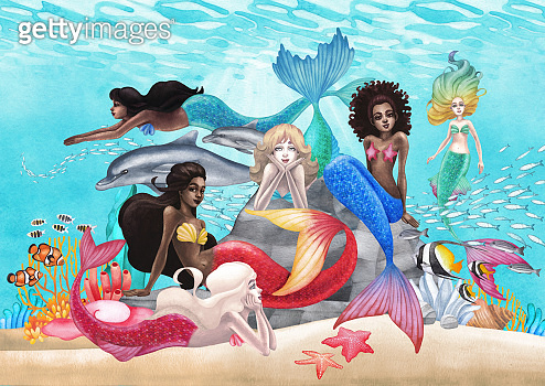 The group of watercolor mermaids with the diverse appearance ...