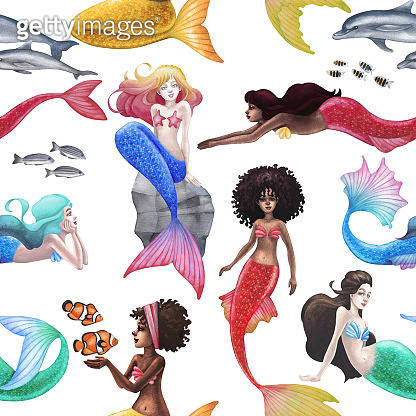 The group of watercolor mermaids with the diverse appearance 이미지 ...