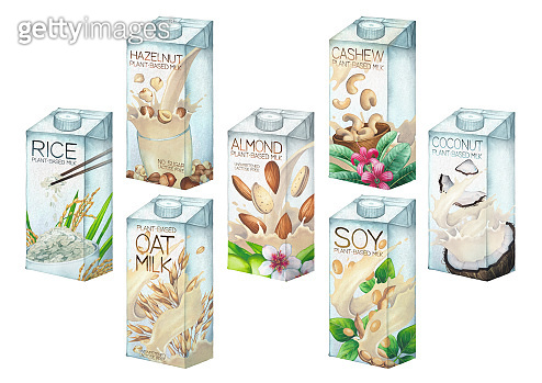 Watercolor collection of plant based milk in cartons with various ...