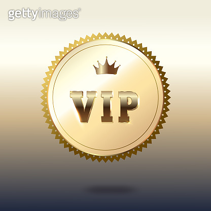 VIP pass button in a gold frame with a crown. Vector illustration. 이미지 ...
