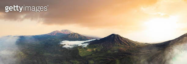 View from above, stunning panoramic view of the Ijen volcano complex ...