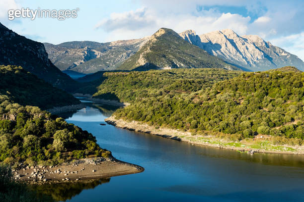 Stunning view of the Cedrino Lake (Lago del Cedrino) with the mountain ...