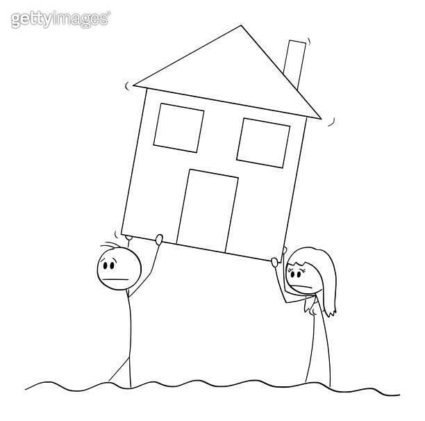 Man and Woman Carrying or Moving Family House During Water Flooding ...