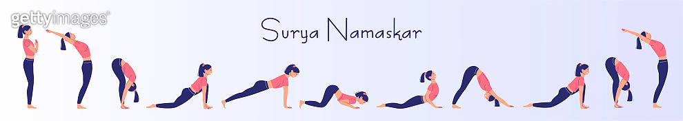 surya namaskar, greeting the sun, complex of asanas in yoga. cartoon ...