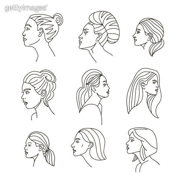 Elegant female faces collections. One line drawing faces and hairstyles ...