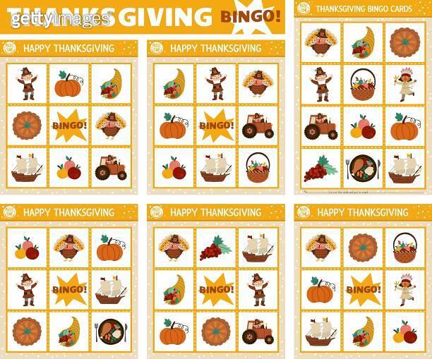 Vector Thanksgiving bingo cards set. Fun family lotto board game with ...