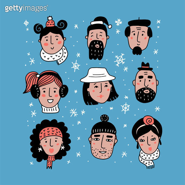 Different winter faces collection. Girl, boy, man, woman in knitted ...