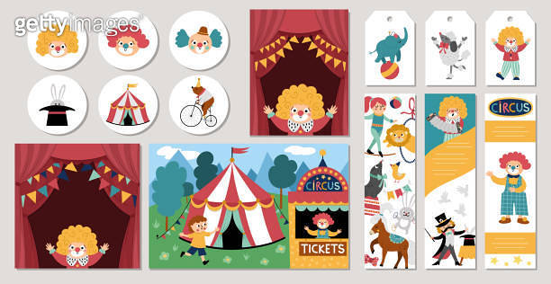 Cute set of circus cards with clown, artists, animals. Vector street ...