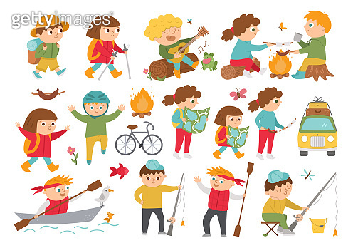 Cute hiking kids doing summer activities. Vector summer camp set ...
