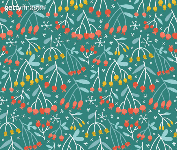 Seamless pattern with branches, leaves and berries on a dark green ...