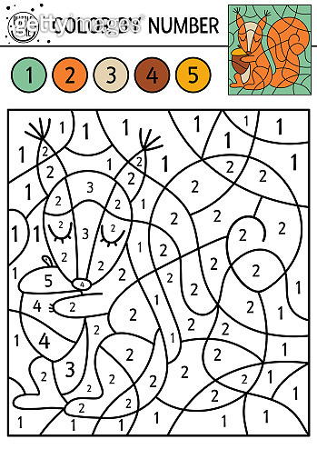 Vector forest color by number activity with squirrel and acorn. Autumn ...