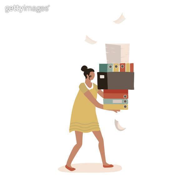 Paper Bureaucracy concept. Young female character carrying a big heap ...