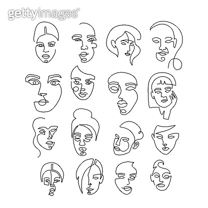 Set linear woman portraits. Continuous linear silhouette of female face ...
