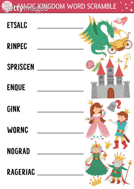 Vector fairytale word scramble activity page. English language game ...