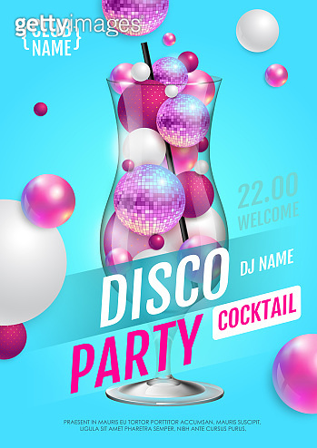 Cocktail disco party poster with 3d abstract spheres and pink disco ...