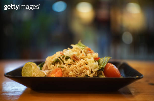 Close Up Instant noodle spicy salad with seafood and vegetable ,Spicy ...