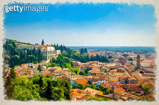 Watercolor drawing of Aerial view of Verona historical city centre ...