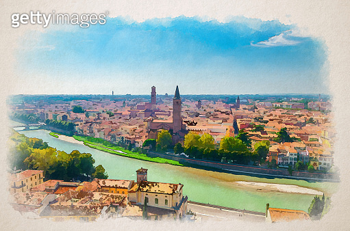 Watercolor drawing of Aerial view of Verona historical city centre ...