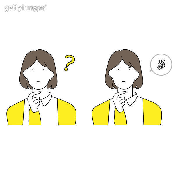 Questions and worries: Facial expression illustration of a young woman ...