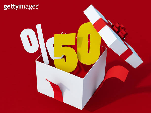 %50 Percentage Sale Sign with Gift Box (1310329610) 일러스트, 무료 일러스트 - 게티이미지뱅크