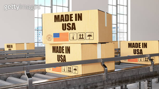 Made in USA Cardboard boxes with American Flag on the Conveyor 이미지 ...