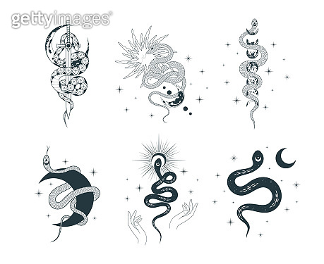 Hand drawn isolated set of six illustrations with mystical and ...