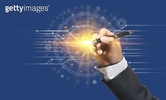 Businessman holding a pen pointing to an abstract destination Business ...