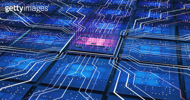 High Tech Computer Chips Processors Transmitting Data. Futuristic ...